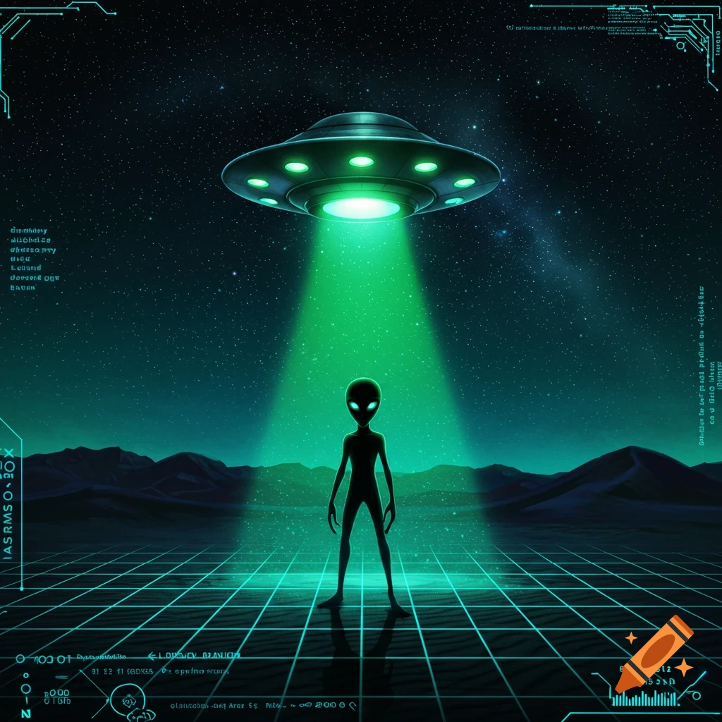 A green-eyed alien stands under a UFO's green beam on a grid in a ...
