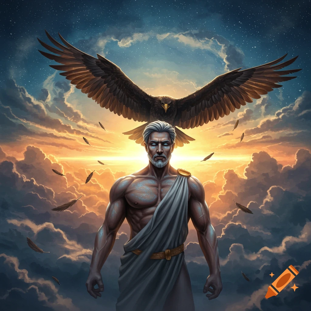 Muscular man with large eagle wings and a golden eagle mask stands ...