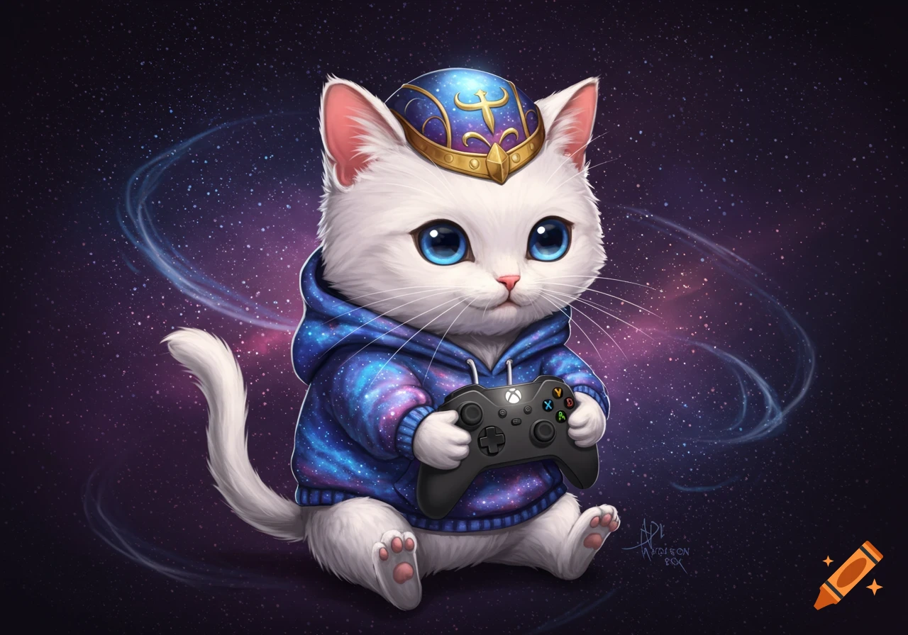 A cute, grey tabby kitten floats in outer space amidst stars, nebulae ...