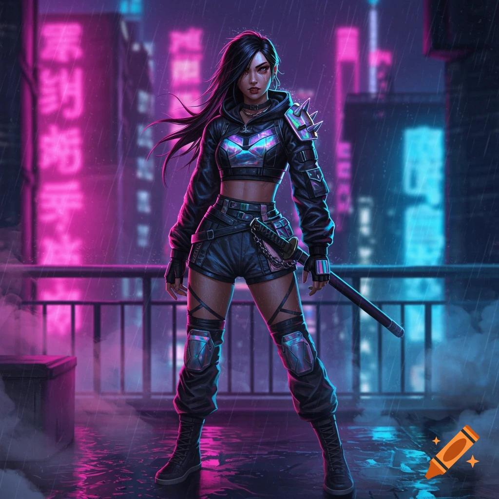 A female cyberpunk character with white hair and tactical gear holds ...