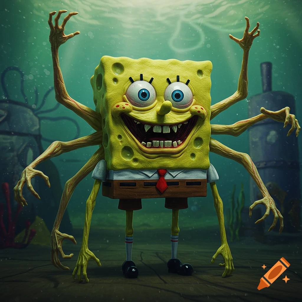 Photorealistic 3D render of a rugged, dirty SpongeBob SquarePants with a beard, holding a wrench ...