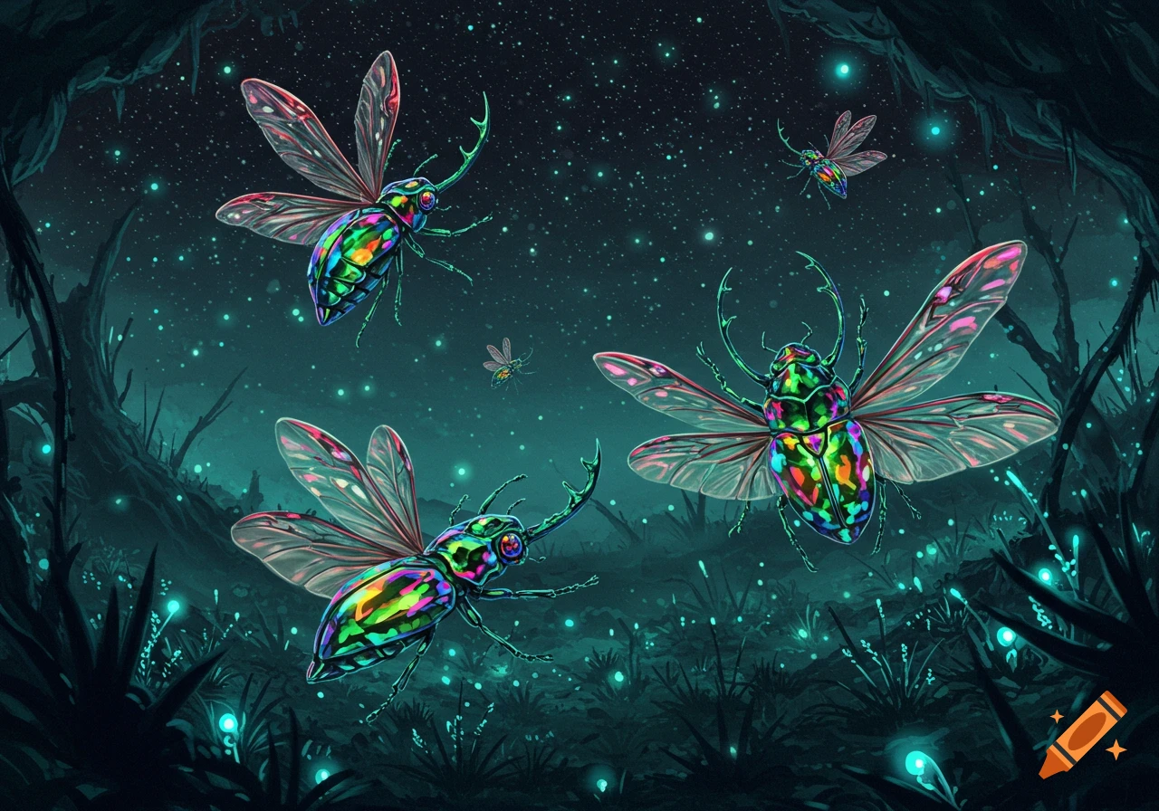 Several glowing, colorful beetles with translucent wings fly through a ...