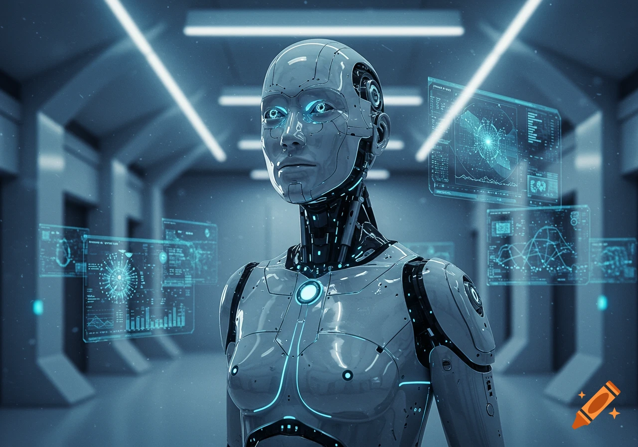 A futuristic robot with glowing blue circuit lines stands under a beam ...