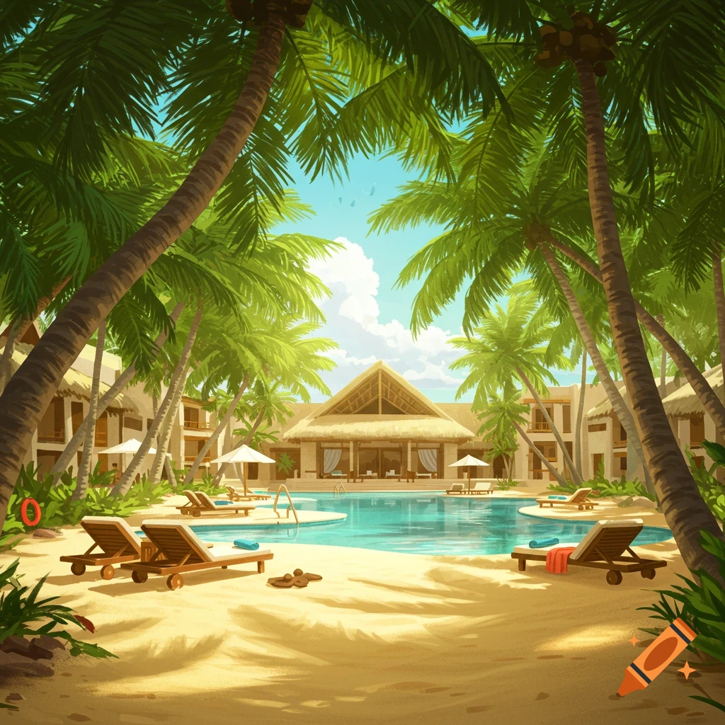An illustrated tropical resort with a swimming pool and lounge chairs ...
