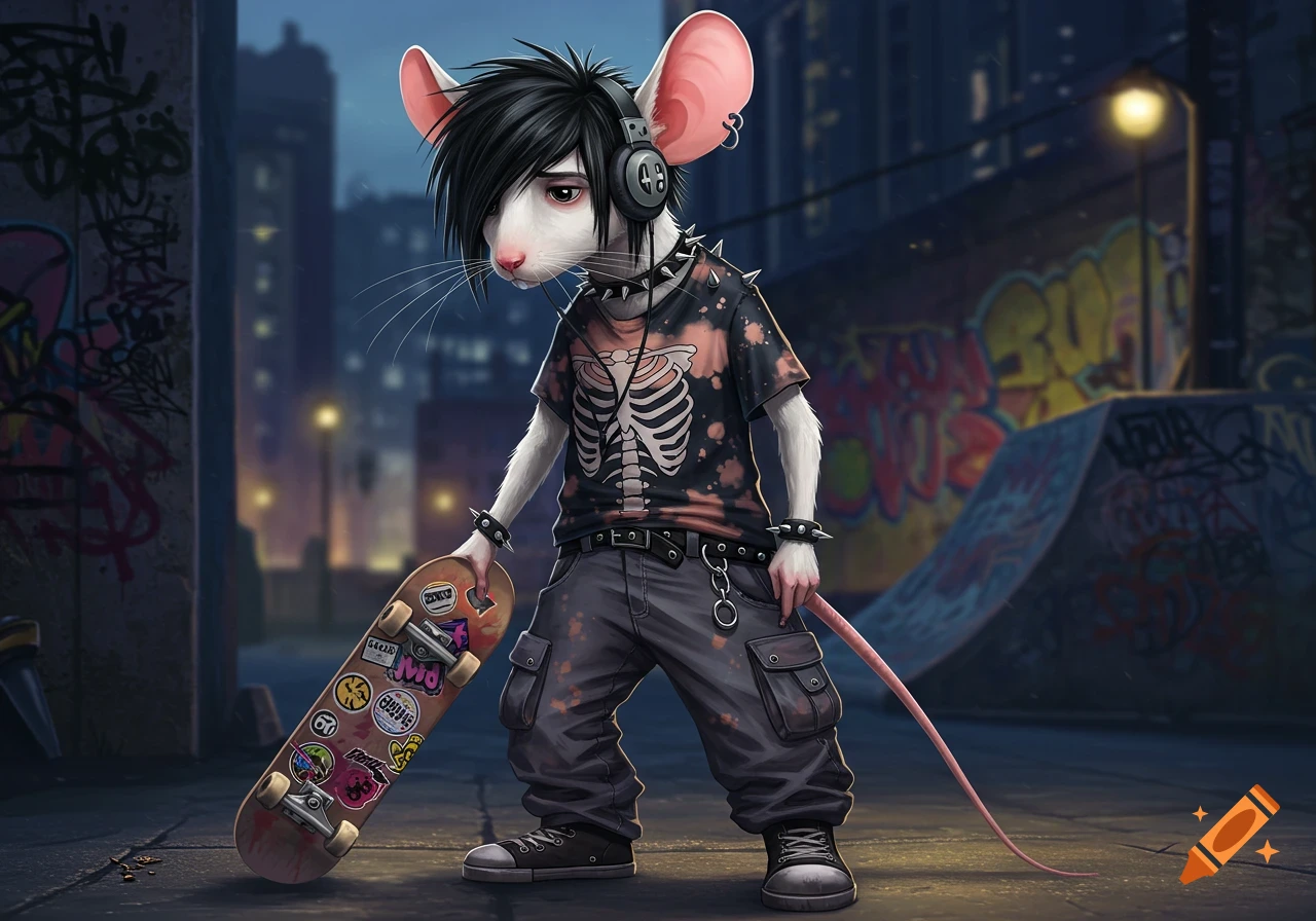 An emo white mouse with black spiked hair and headphones holds a ...