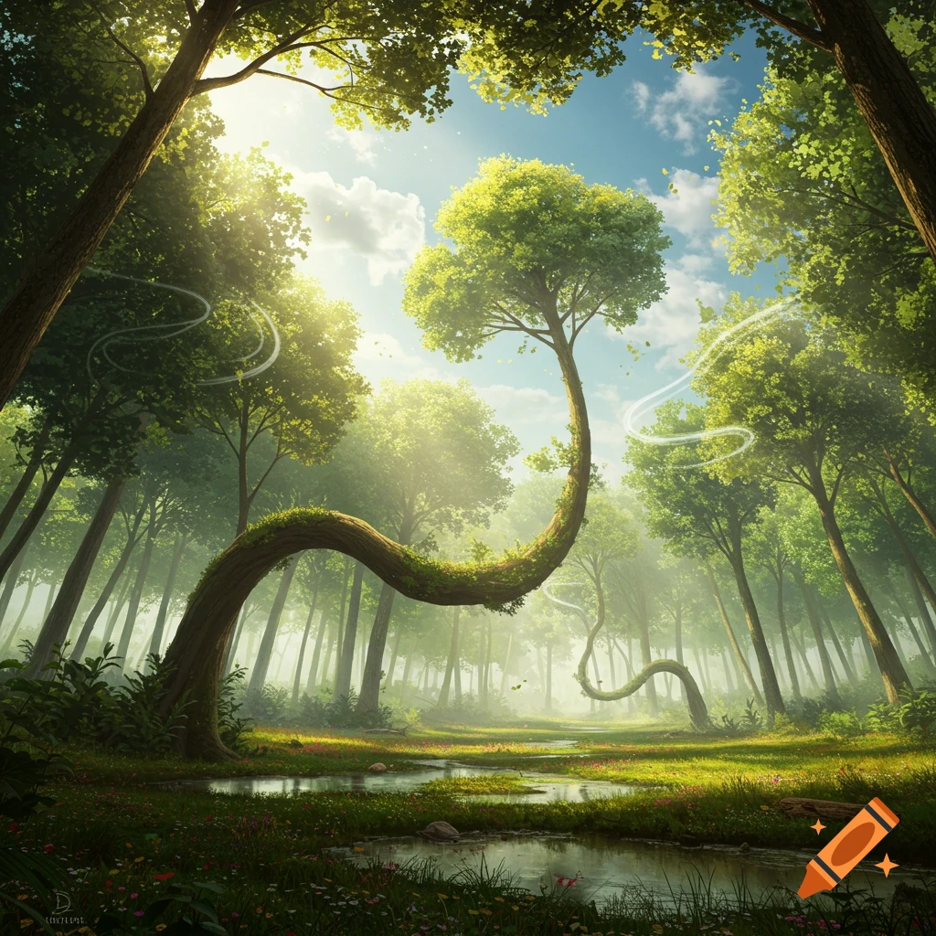 A magical, sunlit forest scene with a large, winding tree, a winding stream, and tall green ...