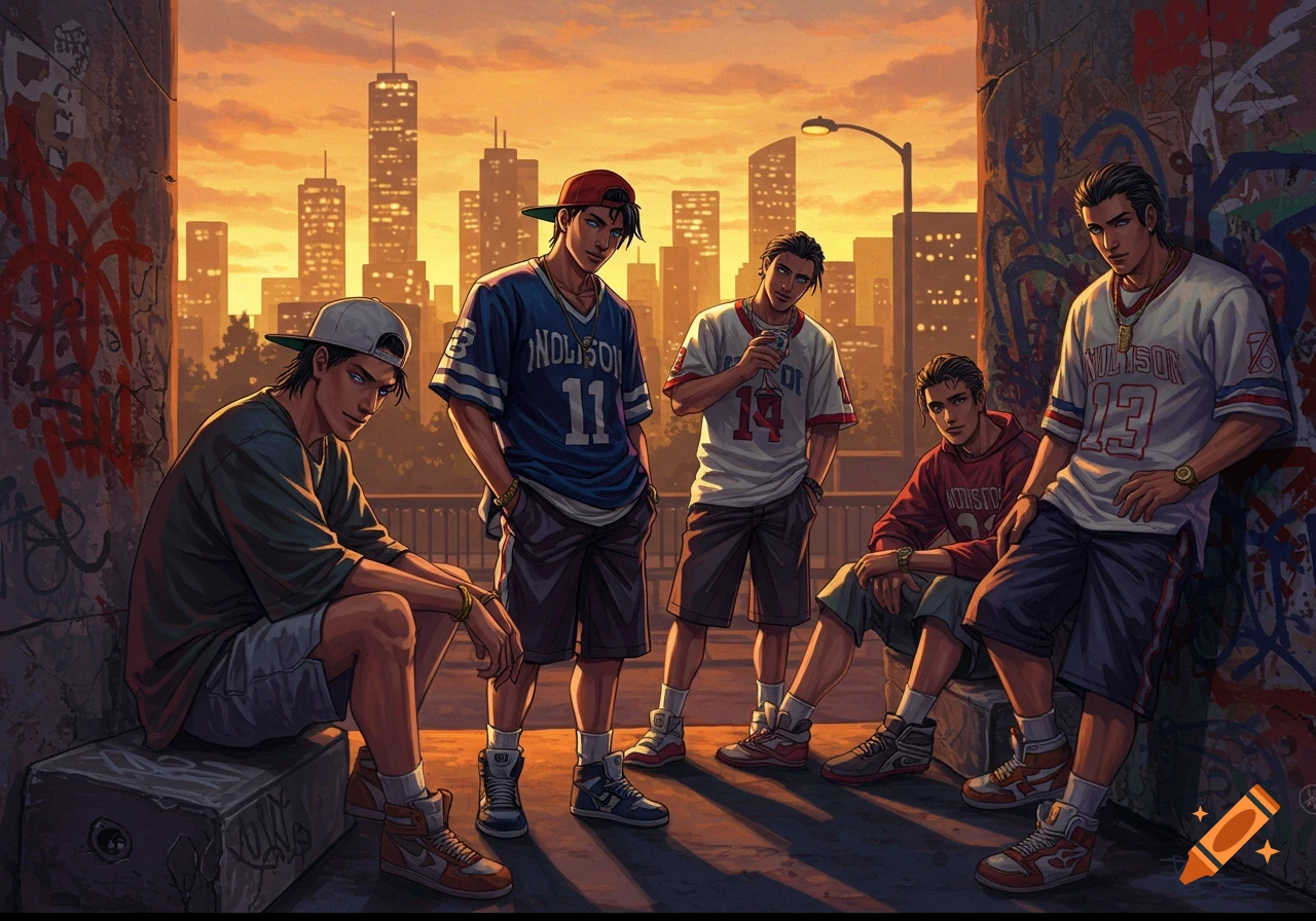 Five young adult men in casual jerseys and caps stand and sit against a sunset cityscape with ...