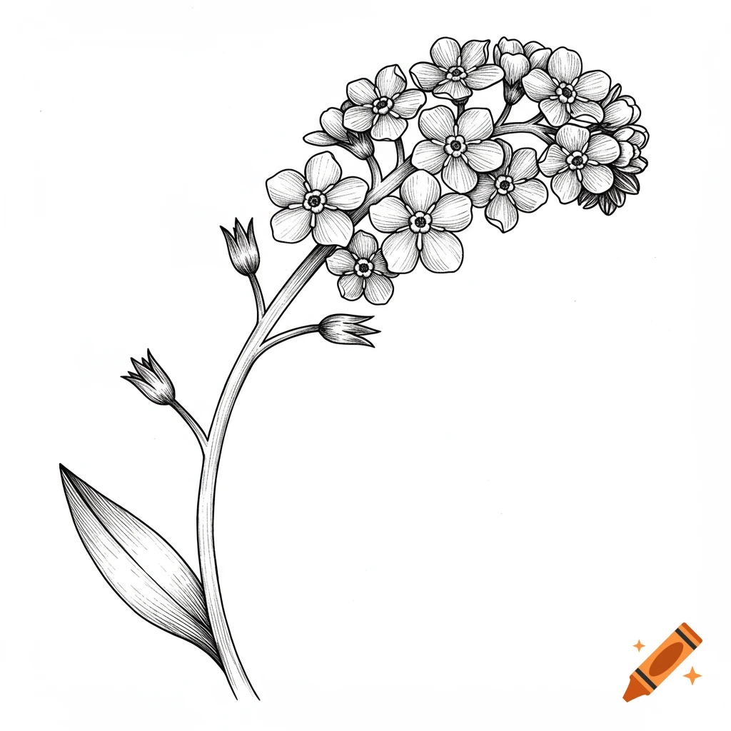 Black and white line drawing of a forget-me-not plant with a cluster of ...