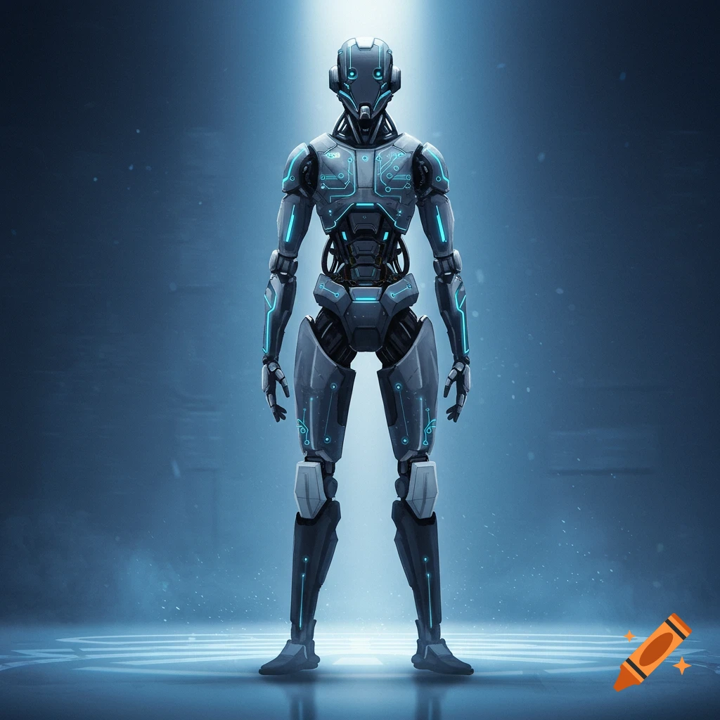 A futuristic robot with glowing blue circuit lines stands under a beam ...