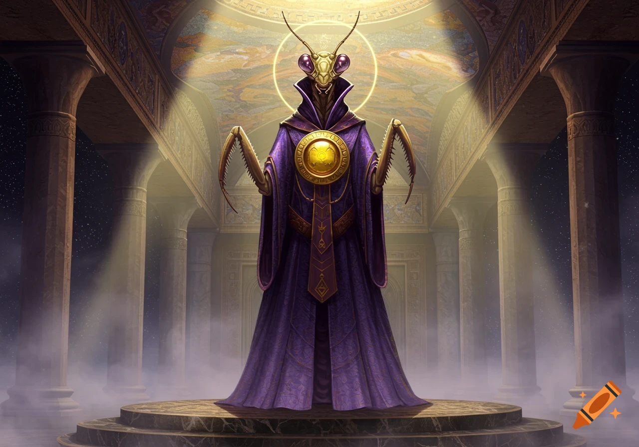 A mantis-like alien in a purple robe and gold medallion stands on a ...