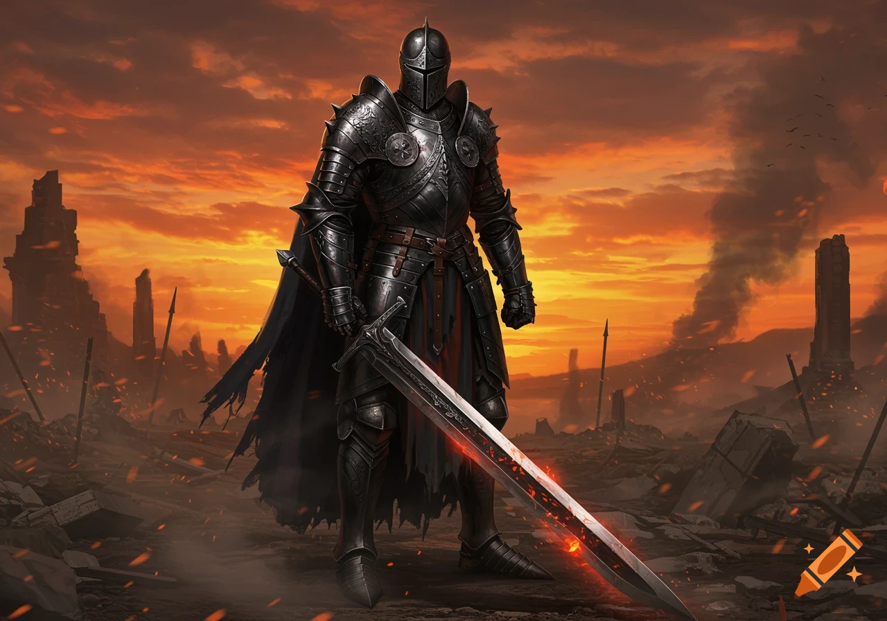 A heavily armored knight stands with a glowing sword on a ruined ...