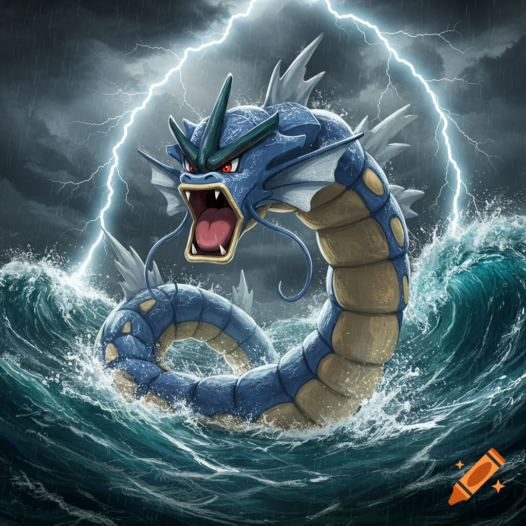 A realistic blue Gyarados, a large serpent-like Pokémon, roars in a ...
