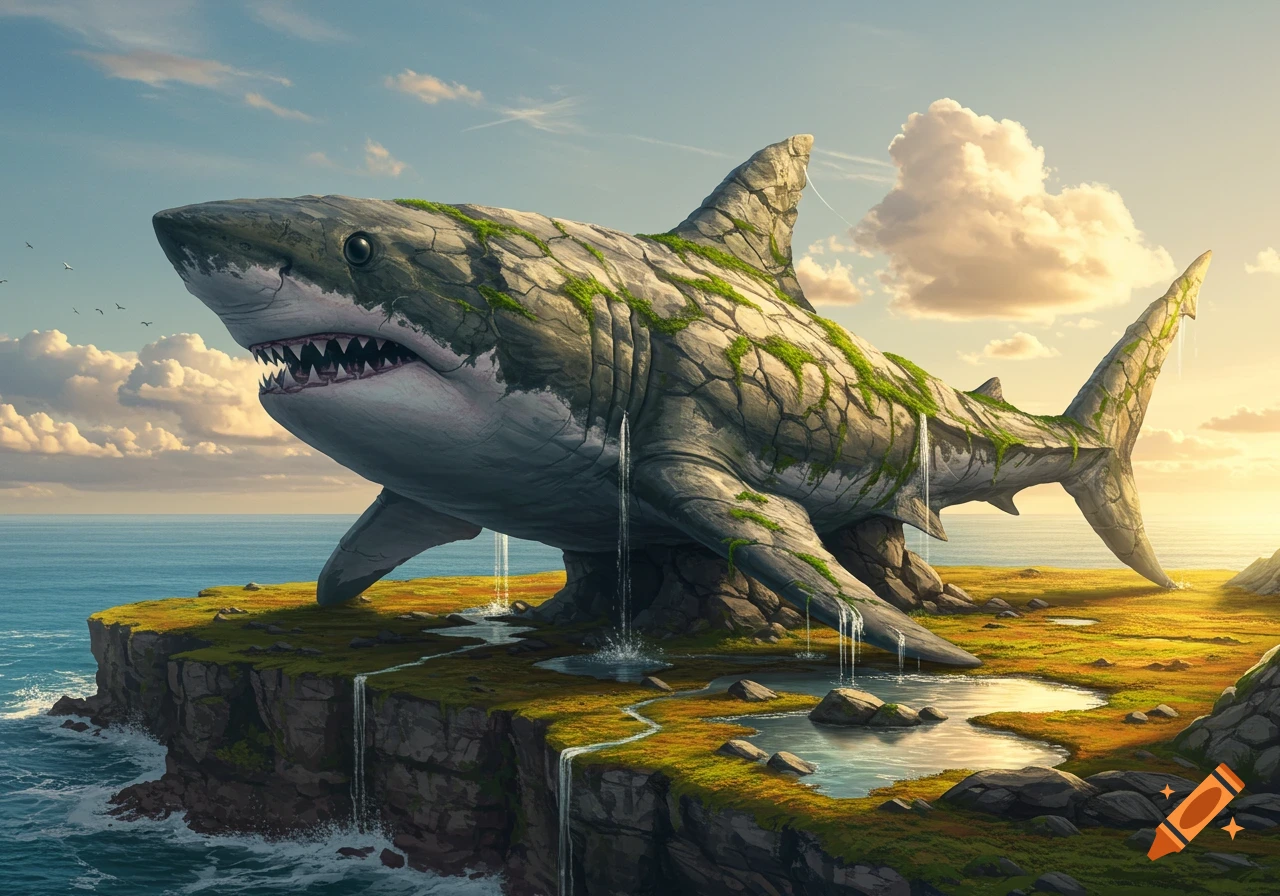 A muscular shark-human hybrid waves underwater among coral, digital art ...