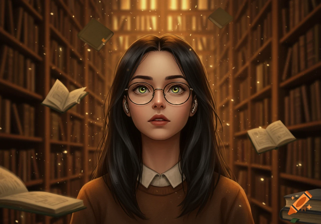 An anime-style girl with dark hair and glasses stands in a magical ...