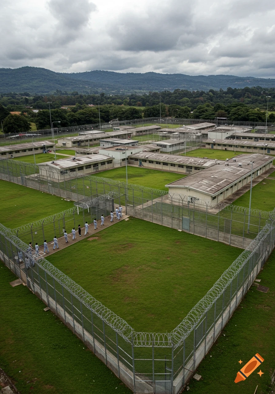 Aerial view of a vast prison complex with low-rise buildings, green ...