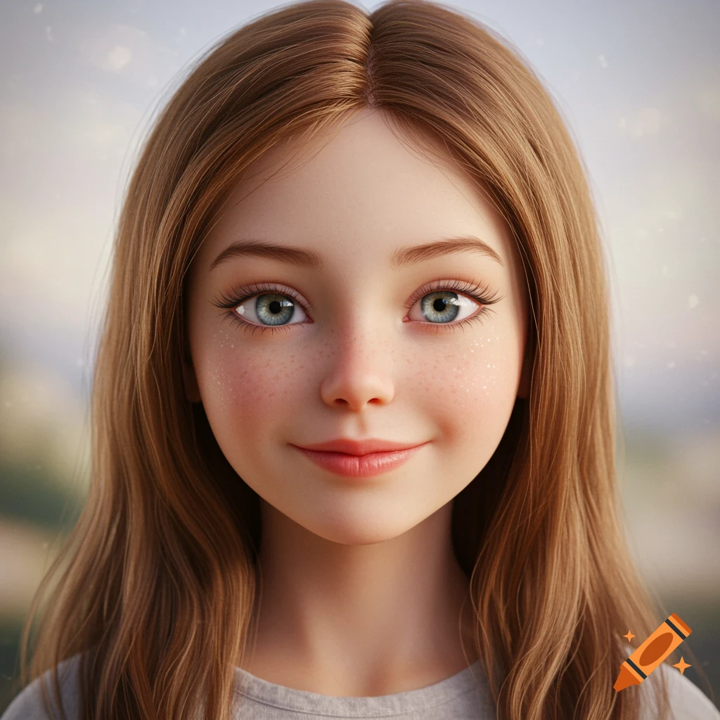 Close-up digital painting portrait of a young girl with bright blue eyes, blonde hair, and ...