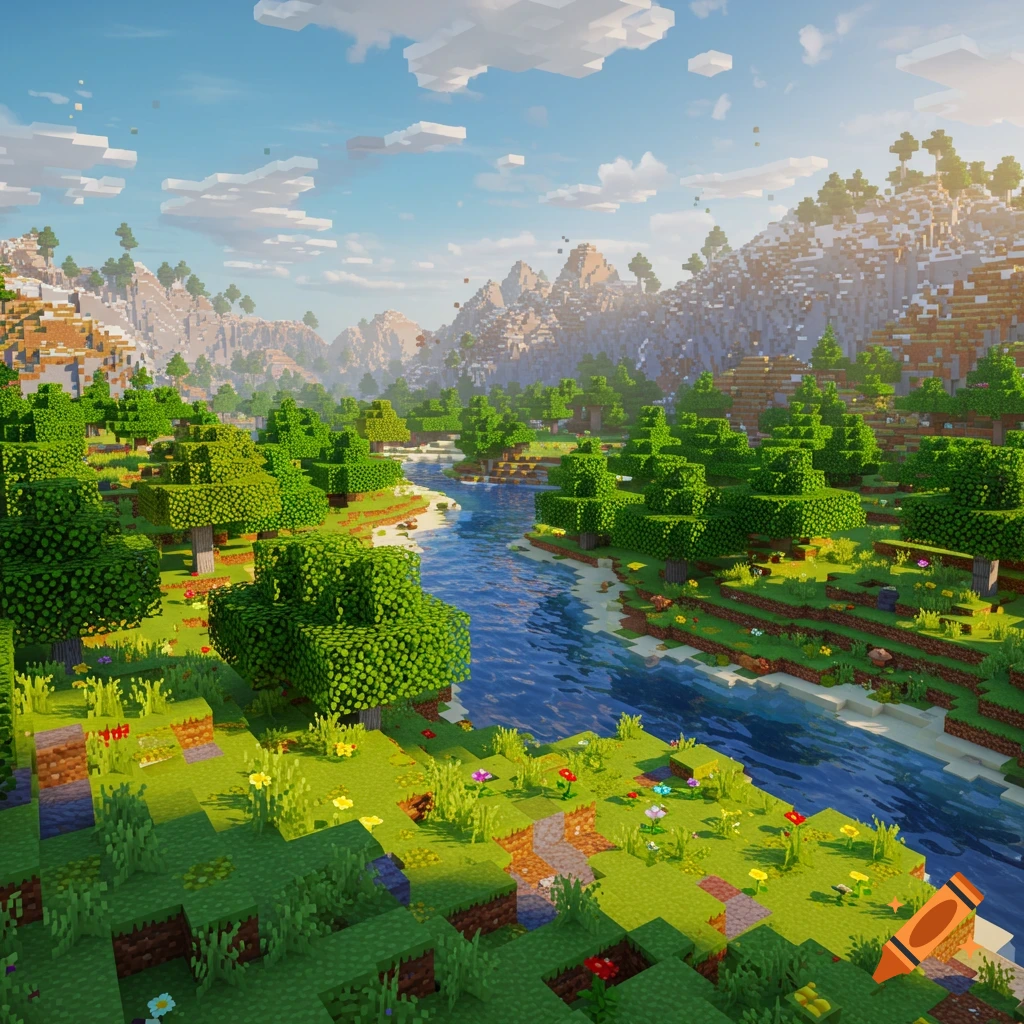 A pixelated Minecraft-style bridge with many stone pillars spans a ...