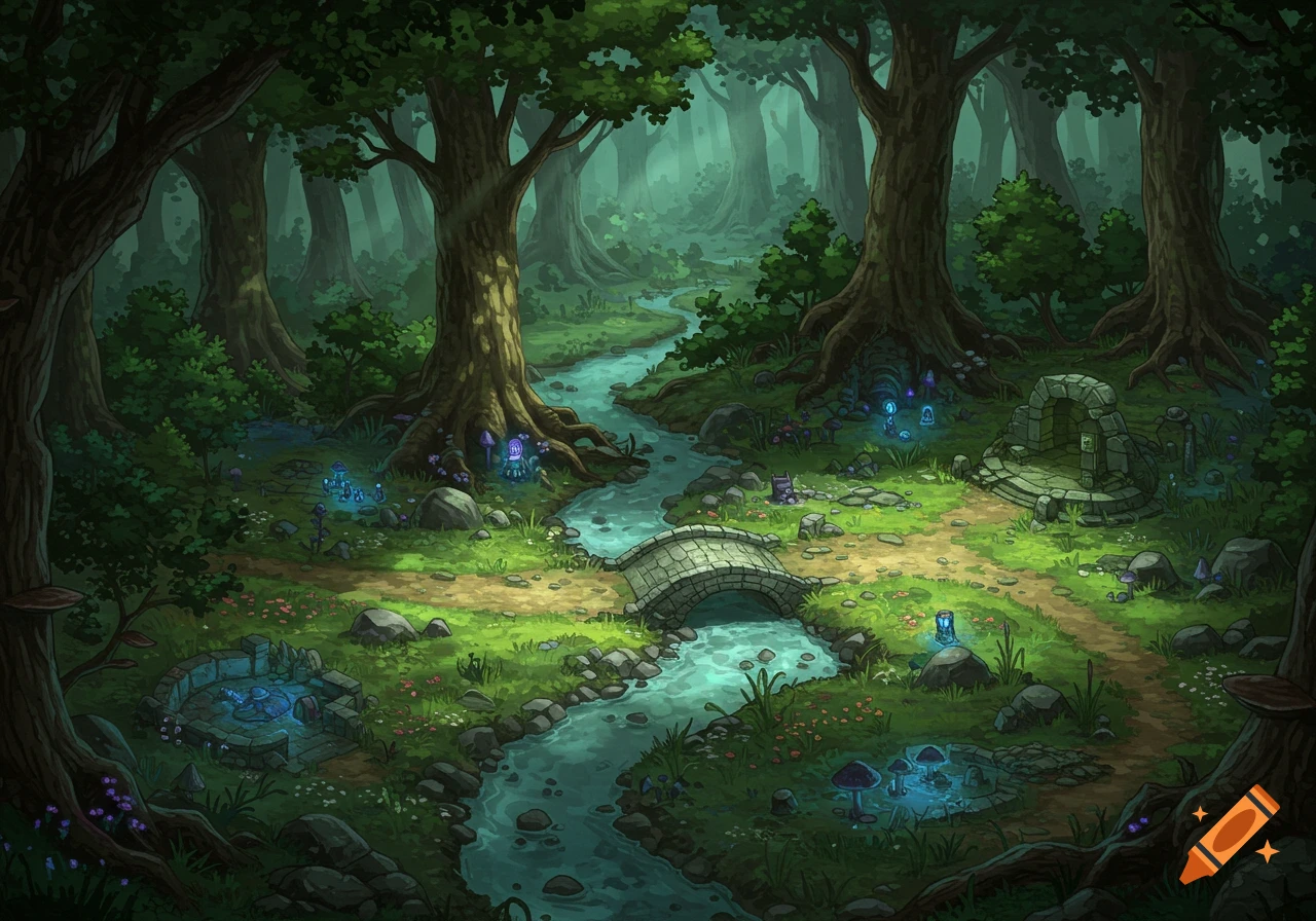 Illustrated fantasy map of Santalune Forest featuring a winding stone ...