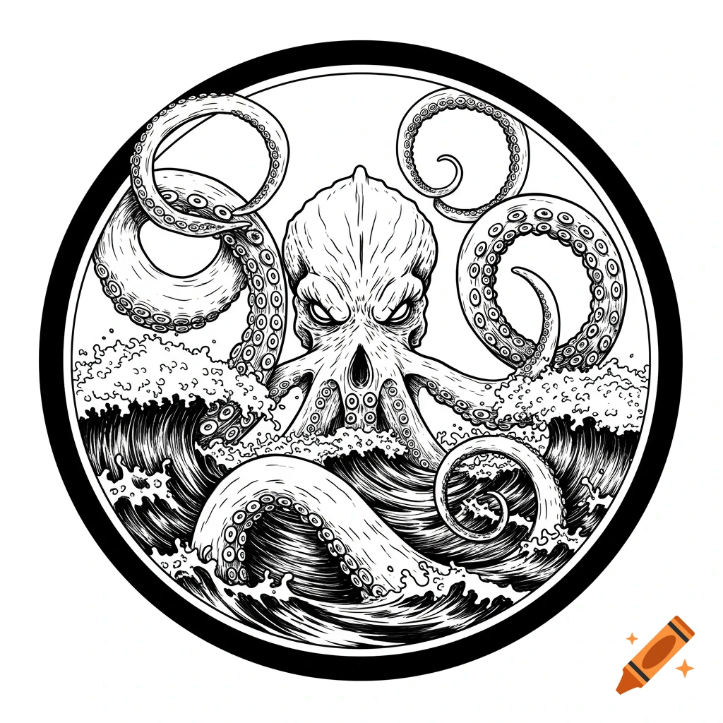 Stylized black and white line art of a fierce Kraken monster emerging ...