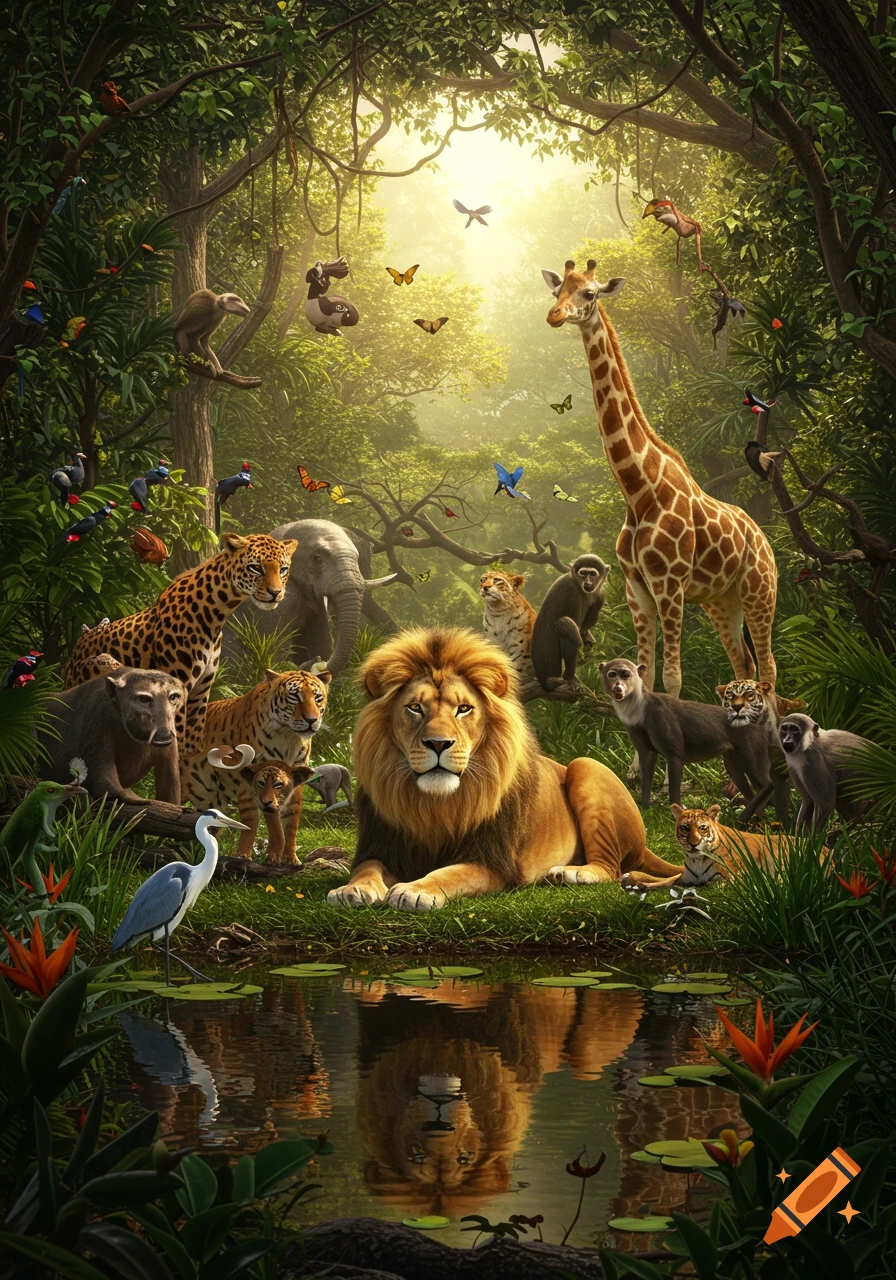 A group of diverse big cats, including tigers, a lion, a cougar, and ...