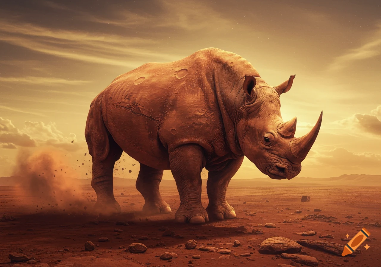 A large rhino stands in a red, dusty, Mars-like desert under a cloudy ...