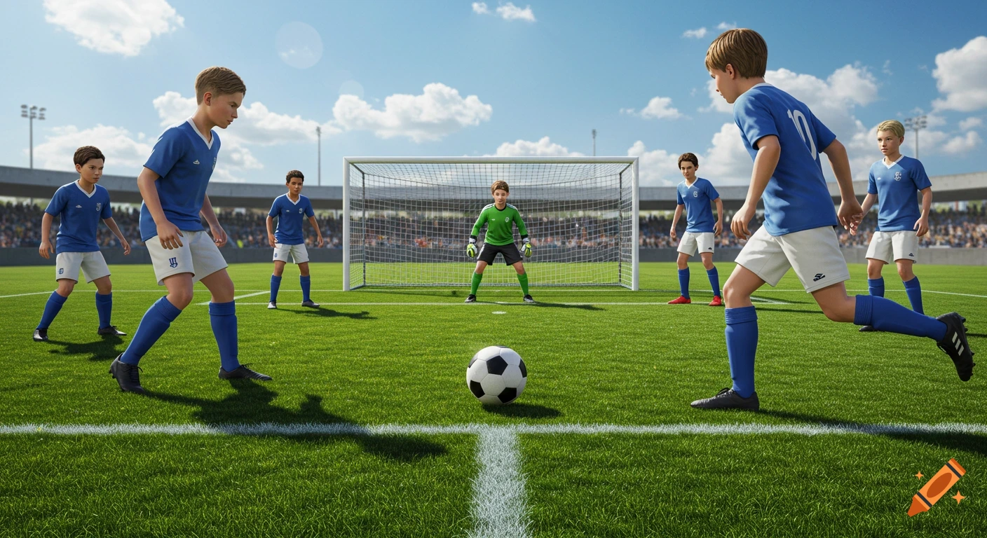 Young boys playing soccer on a green field. One player prepares to kick ...