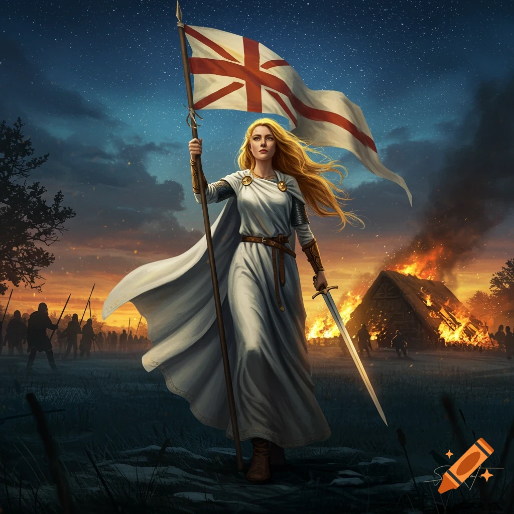 A heroic woman in a white tunic holds a Union Jack flag and sword ...