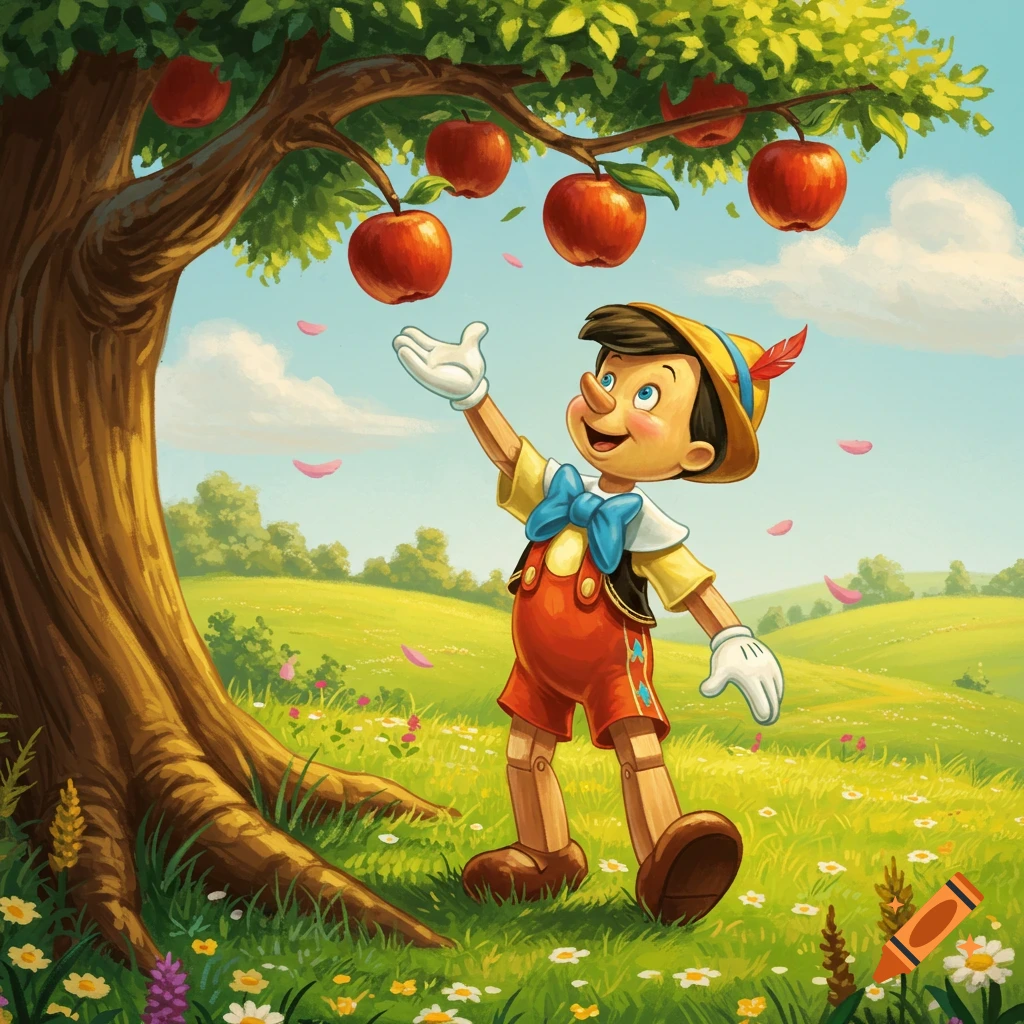 Pinocchio reaches up towards red apples hanging from a tree in a lush green field, cartoon ...