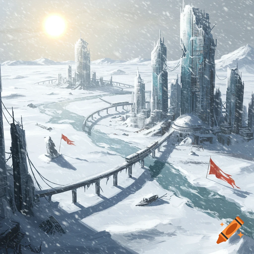 Panoramic digital fantasy of a snow-covered Nordic valley city with ...