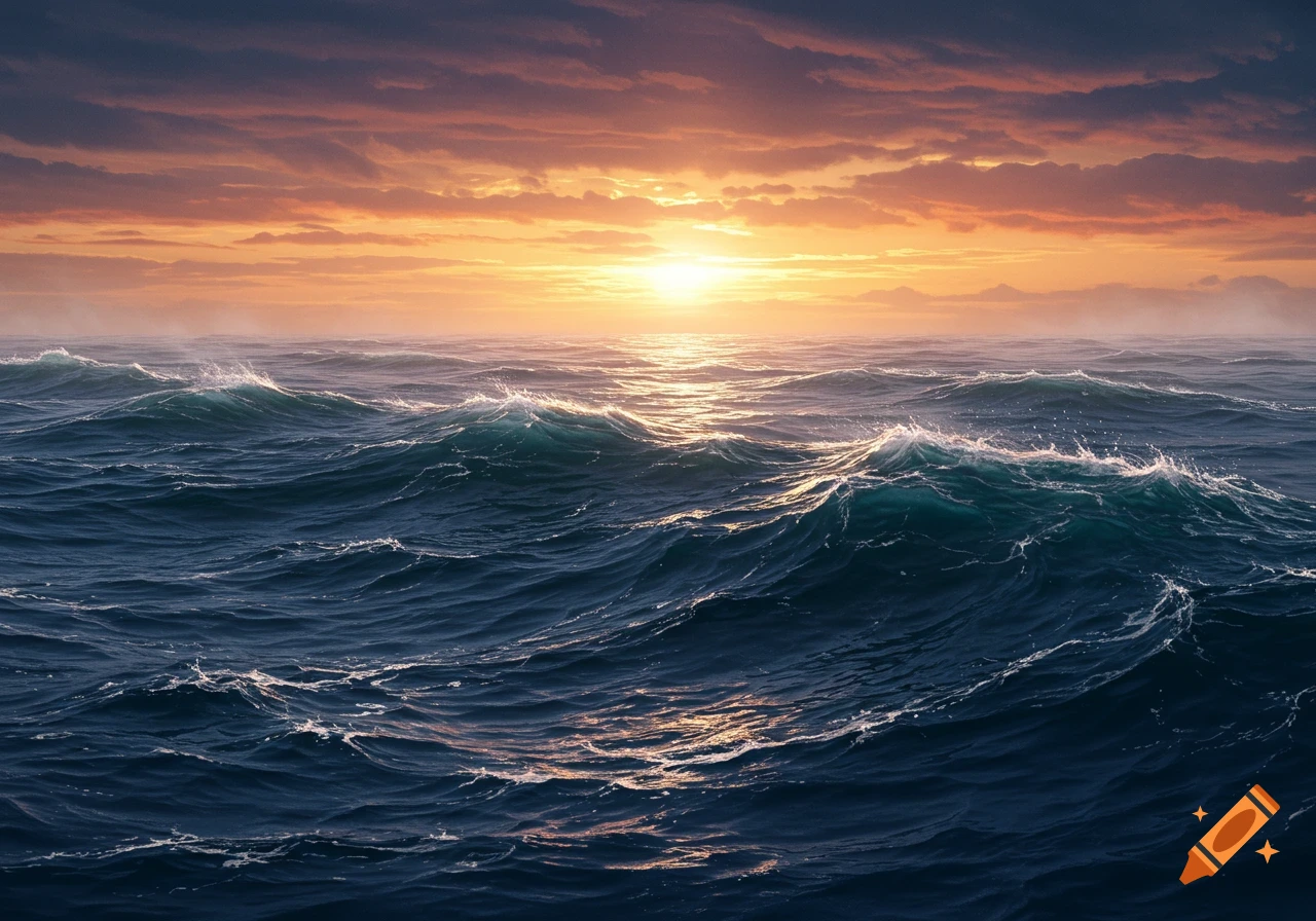 Photorealistic image of a vast, turbulent ocean with waves reflecting the golden light of a ...