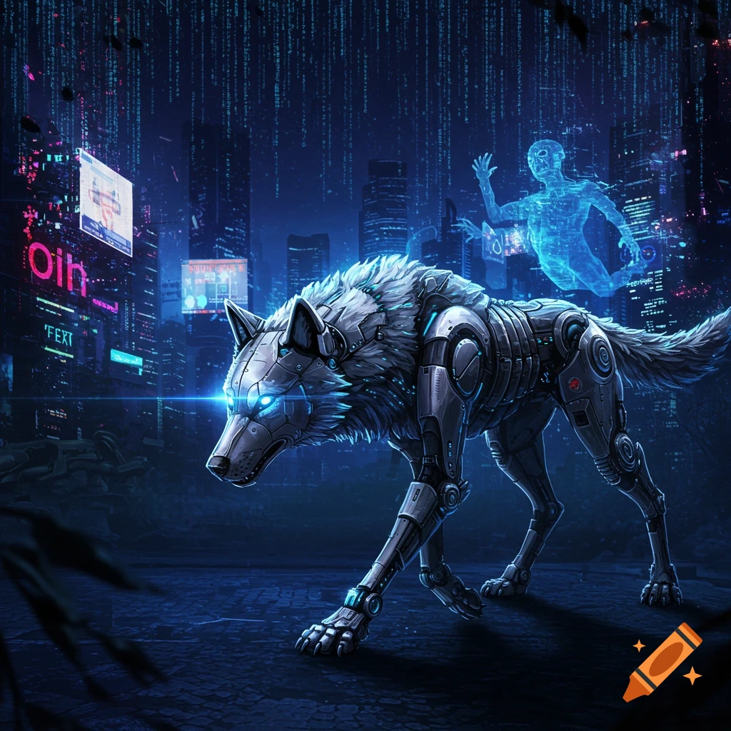 A metallic robotic wolf with glowing blue eyes howls at a full moon ...