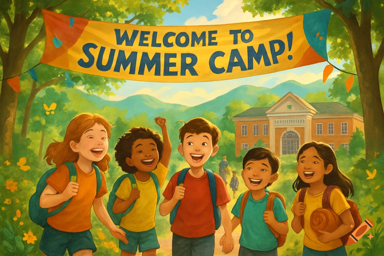 Happy children with backpacks smile under a 'Welcome to Summer Camp ...