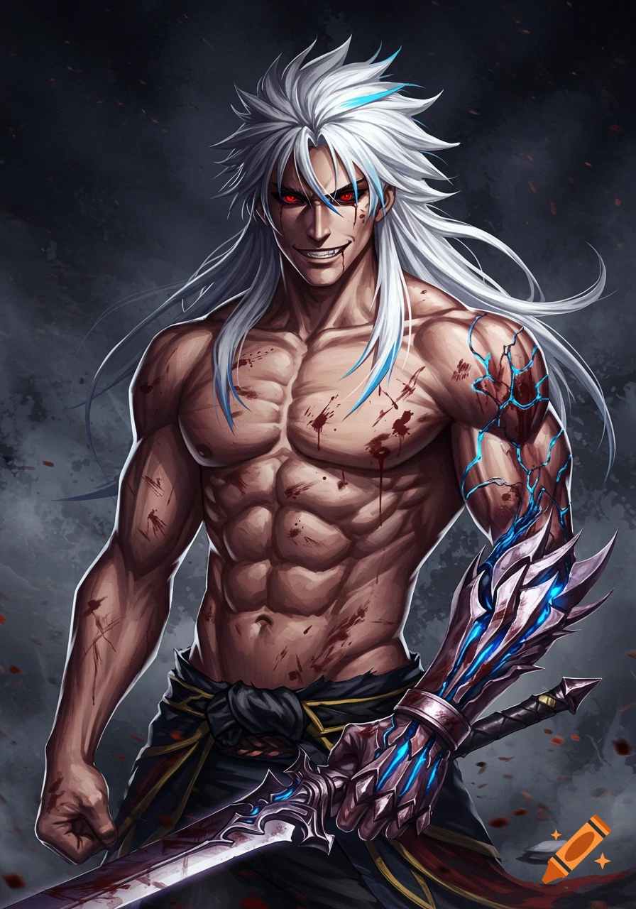 Anime drawing of a muscular man with white hair, red eyes, grinning ...