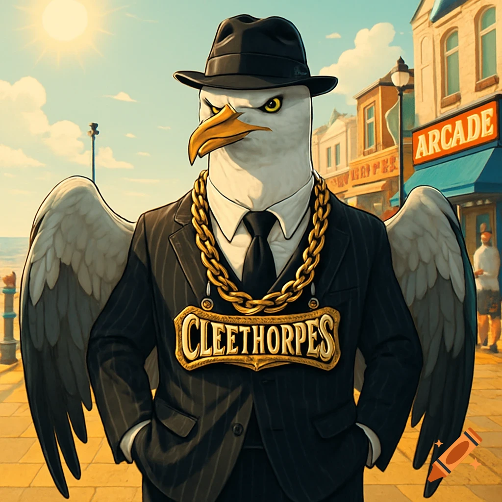 Stylized anthropomorphic seagull gangster in a suit and fedora with a ...