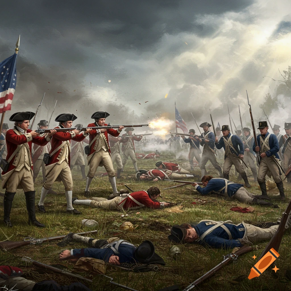 A detailed line drawing of an American colonial soldier holding a ...