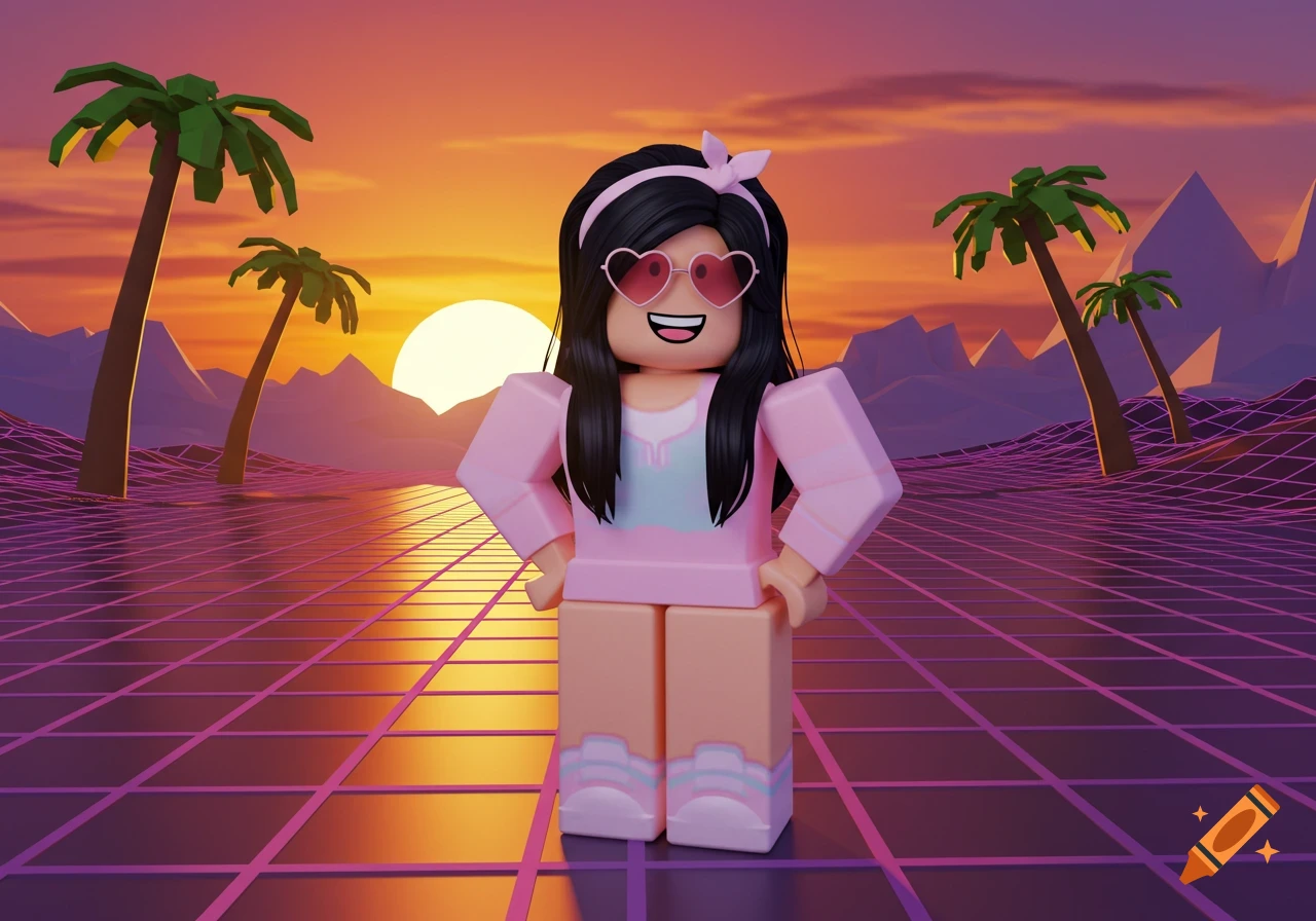 A Roblox girl with black hair and heart-shaped sunglasses stands in a ...