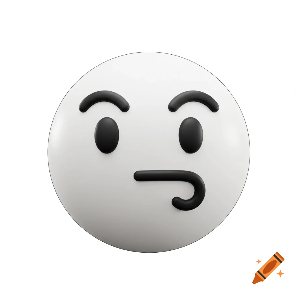 A white 3D rendered emoji with black oval eyes, curved eyebrows, and a ...