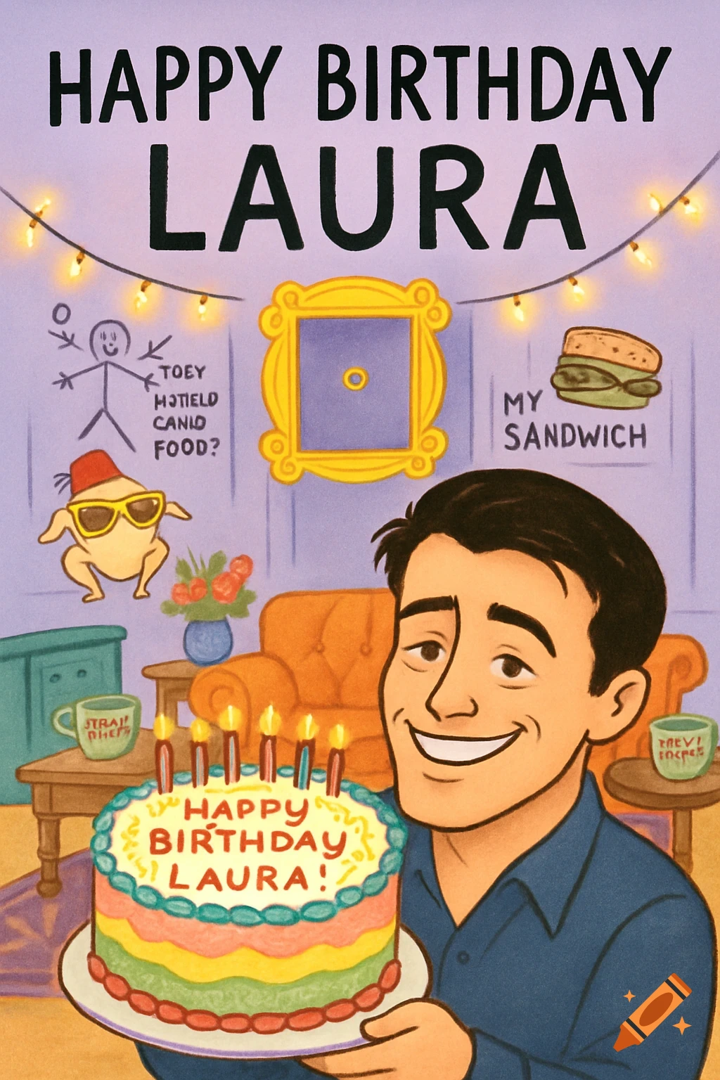 Cartoon birthday card featuring Joey from Friends holding a cake, with ...