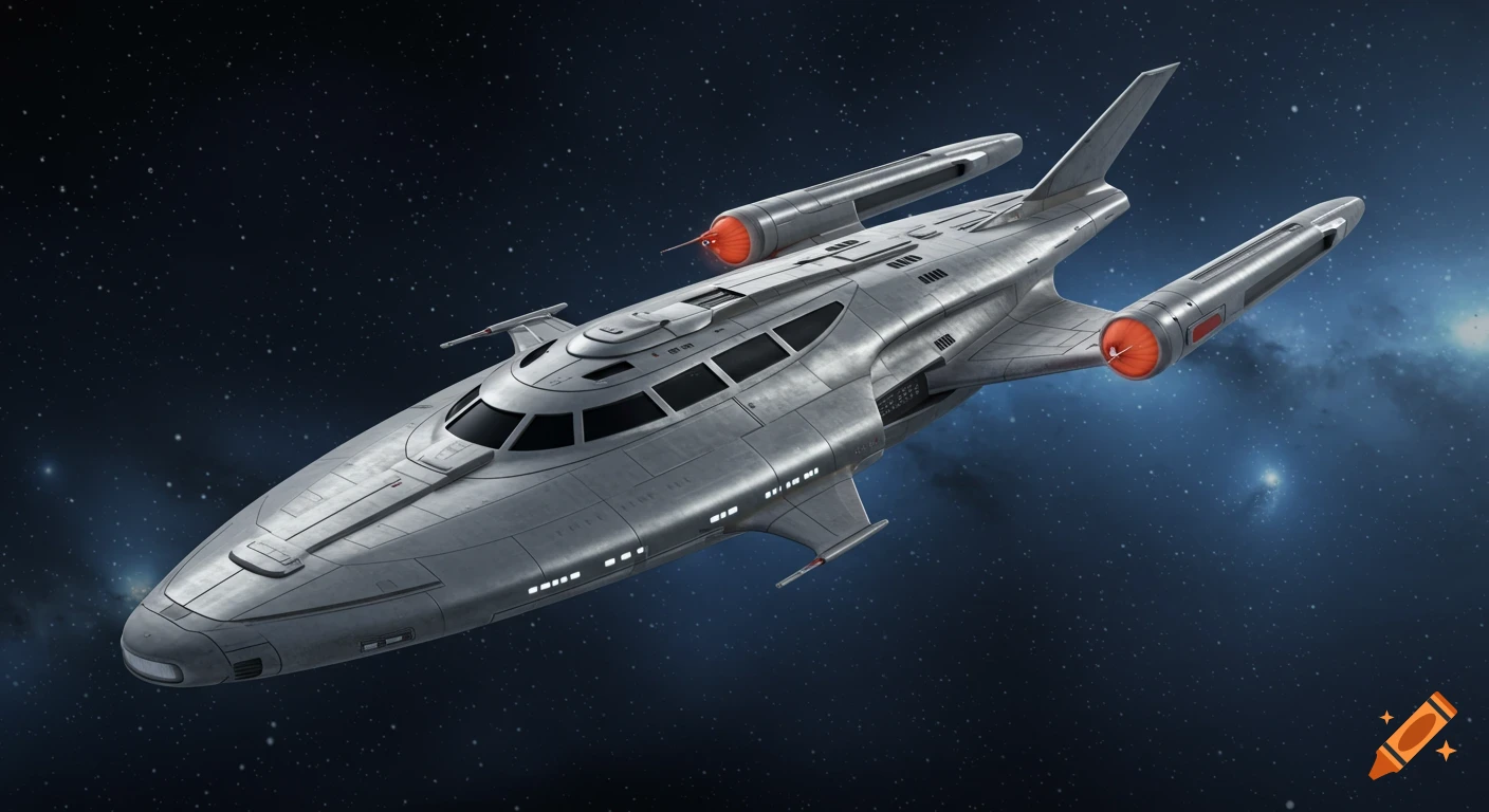 A sleek, silver spaceship with twin engine nacelles flies through a ...