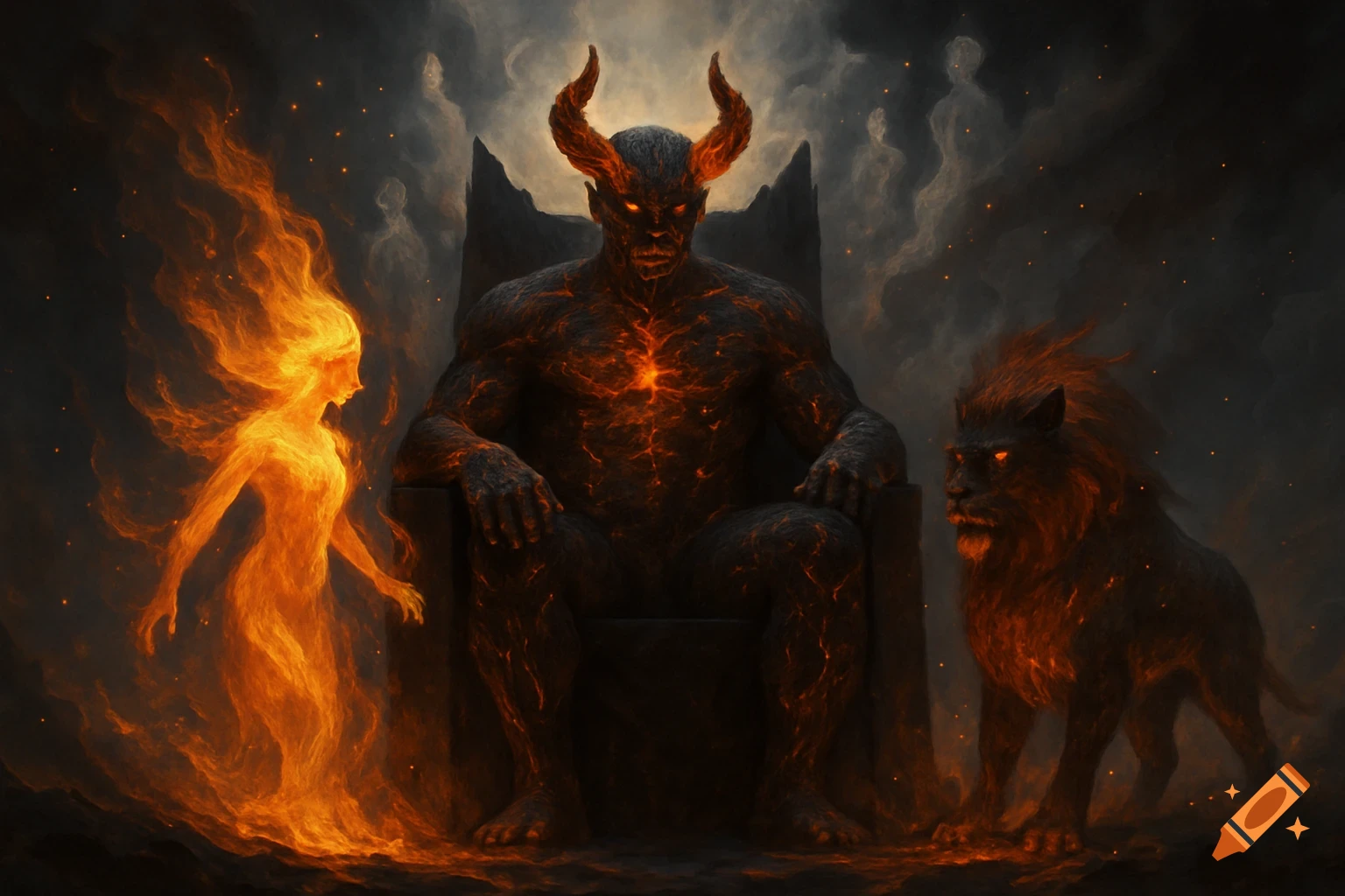 Close-up of an angry powerful fantasy god with ram horns, one side a ...