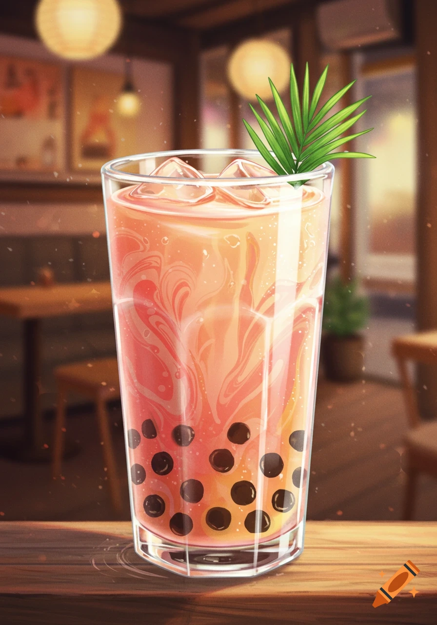 A vibrant anime-style illustration of a tall glass of bubble tea with ...