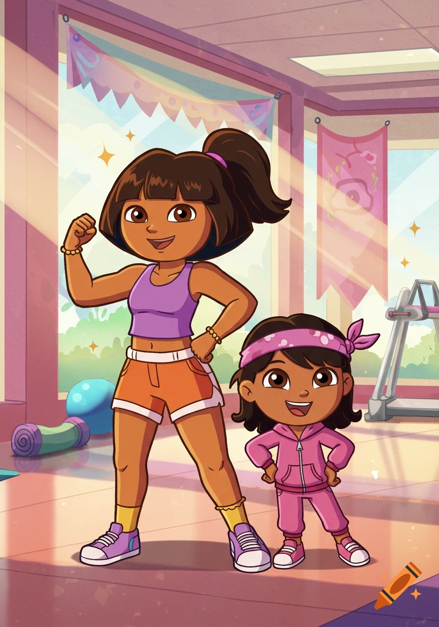 Cartoon of Dora the Explorer and her muscular mom flexing in a gym. on ...