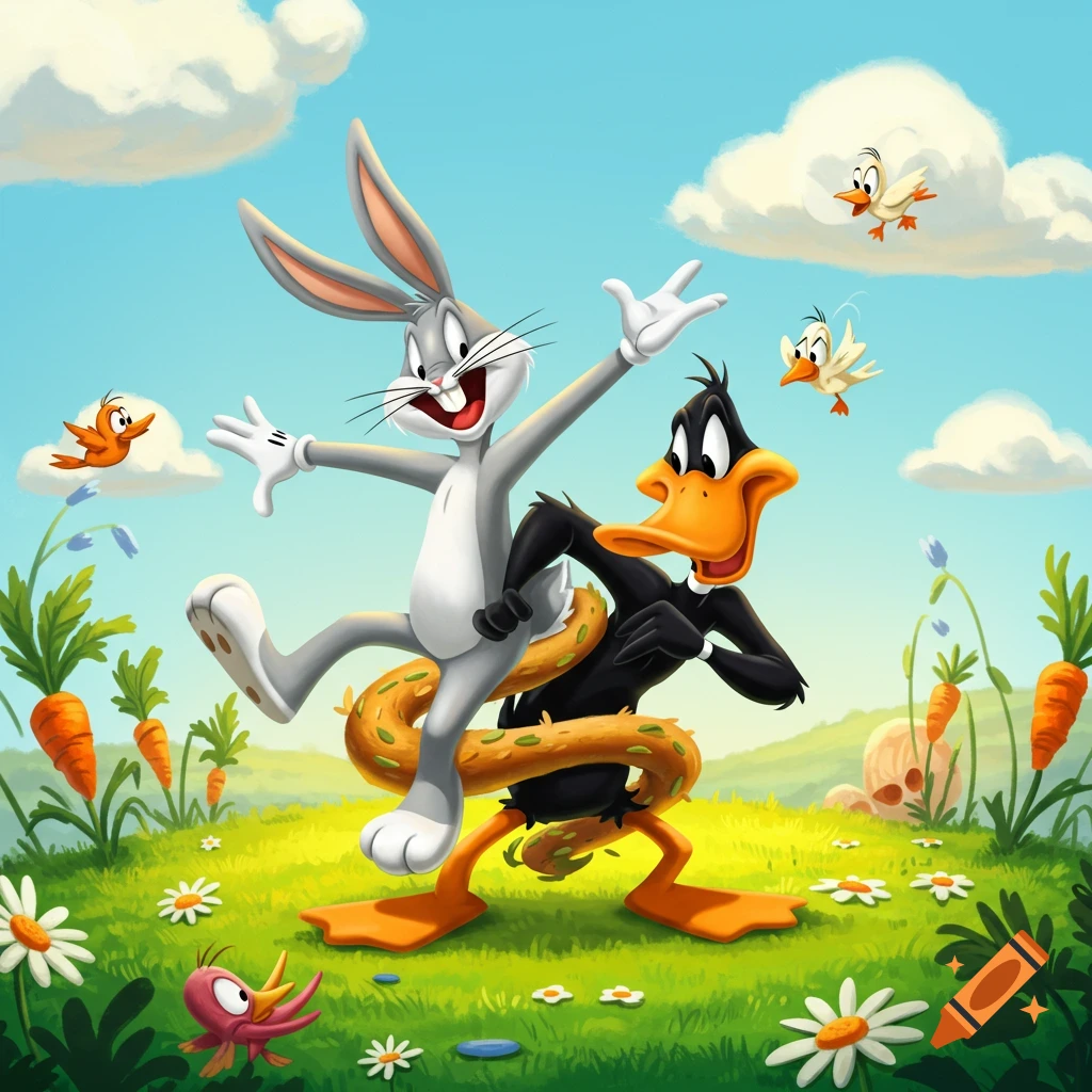 Bugs Bunny and Daffy Duck, conjoined by a golden vine, joyfully stand ...