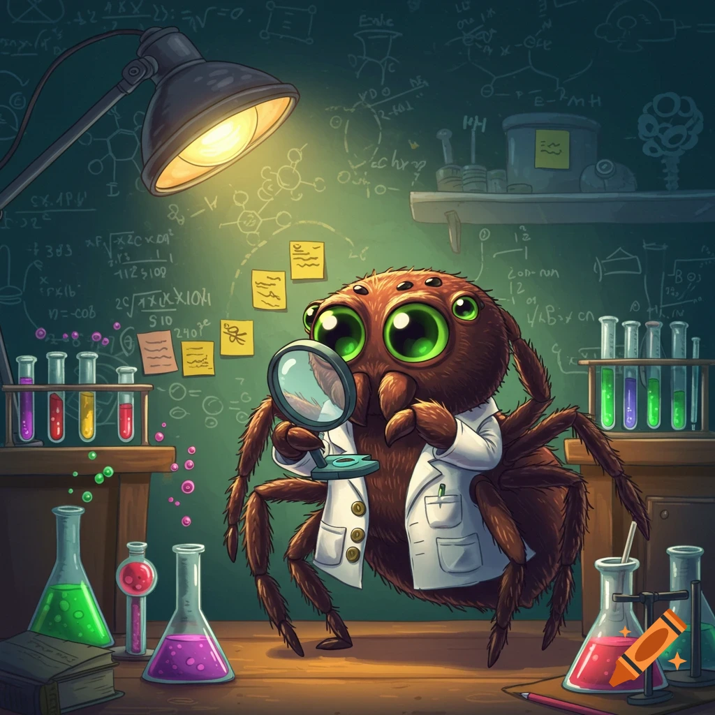 A cartoonish spider wearing a lab coat studies a sample with a magnifying glass in a laboratory ...