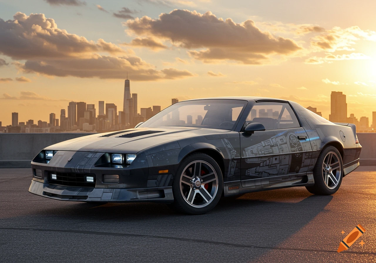 A black 1990 Camaro with a detailed Millennium Falcon paint job sits on ...