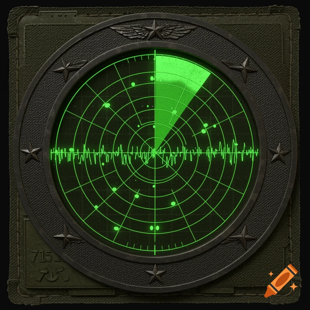 A retro green radar screen with a scanning arc and target blips on a ...