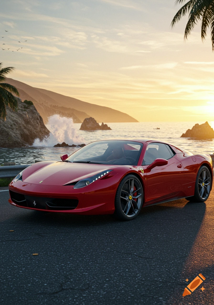 A red sports car speeds through a vast desert, kicking up dust on the ...