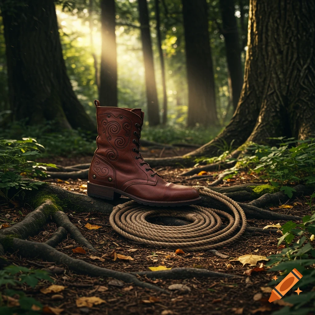 A brown medieval-style leather boot with ornate patterns rests on a ...