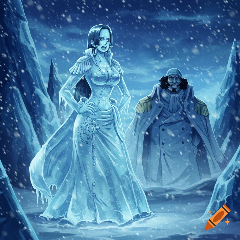 Anime illustration of Boa Hancock as a surprised ice statue with Aokiji ...