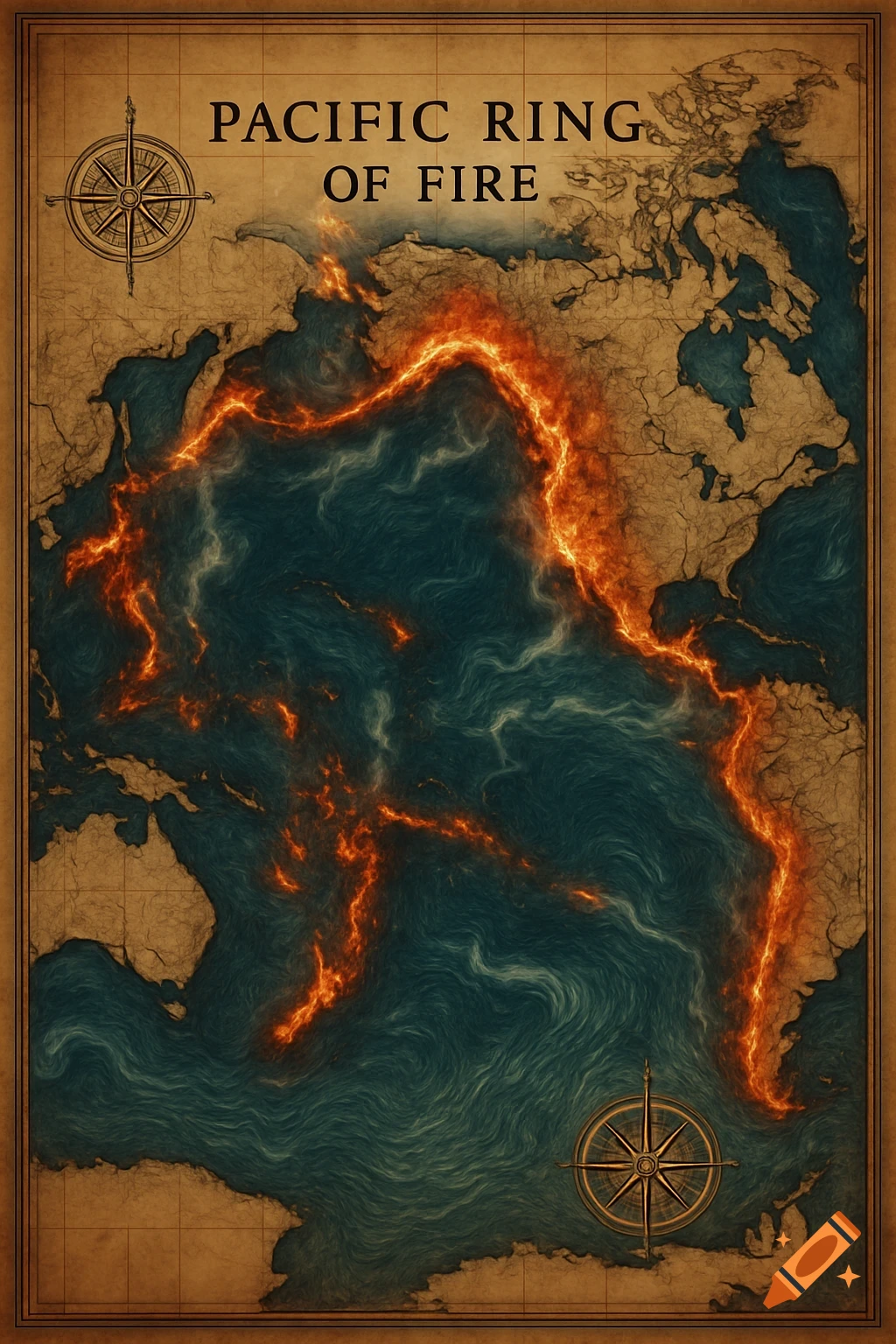 An old-style map showing the Pacific Ring of Fire, with glowing orange ...